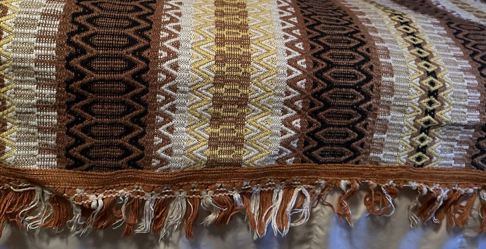 Vtg Aztec Woven Blanket Bedspread Baja Mexican Brown White Fringe Hippy ...