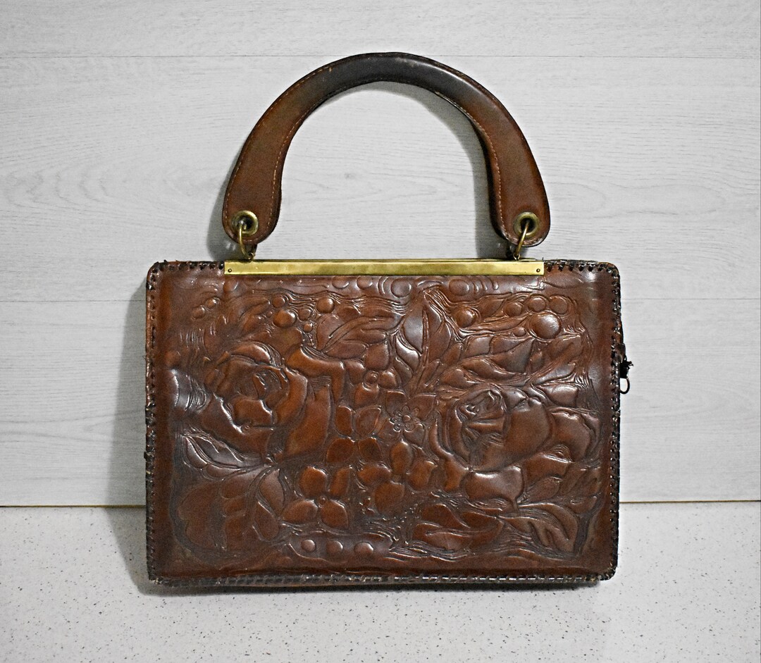 Vintage 1970s Tooled Leather Handbag: Floral Design - Etsy