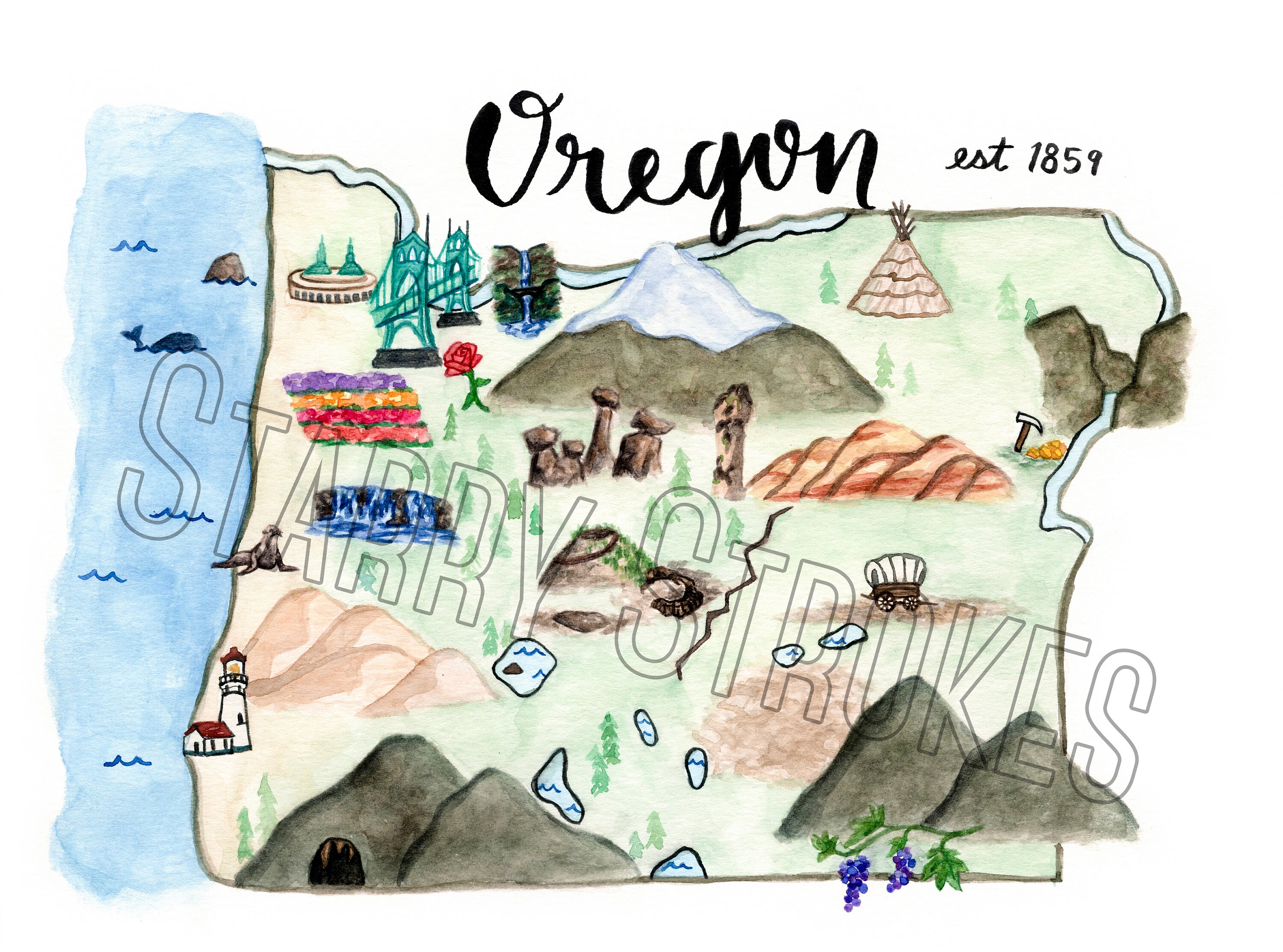 Oregon State Map Art Print Watercolor Painting - Etsy