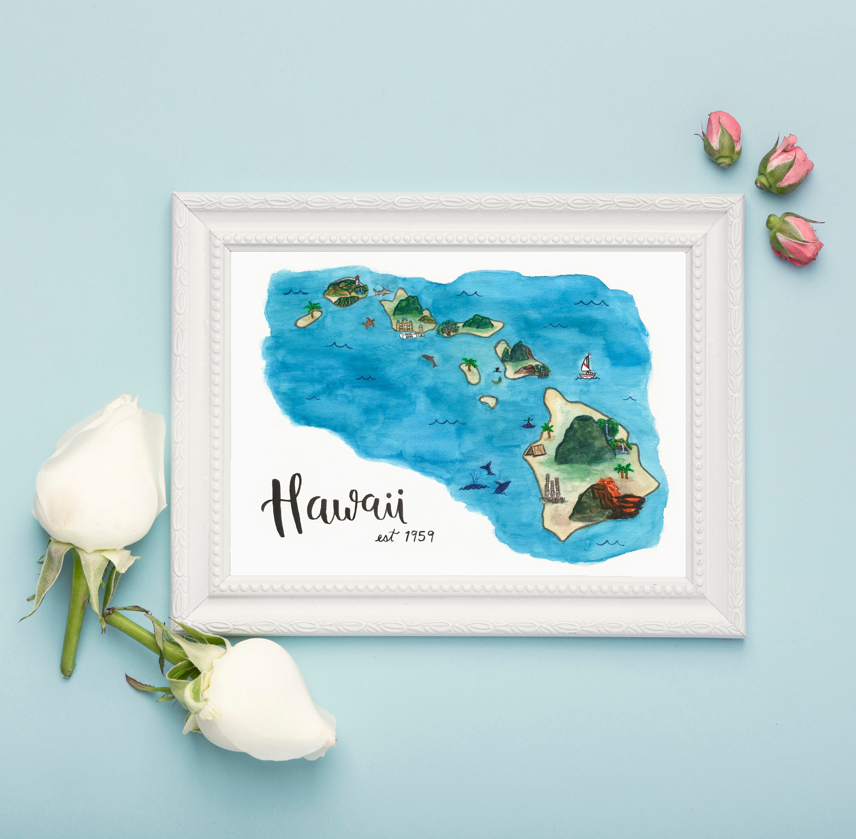 Hawaii State Map Art Print Watercolor Painting - Etsy