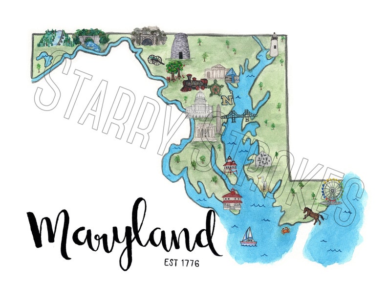 Maryland State Map Art Print Watercolor Painting - Etsy