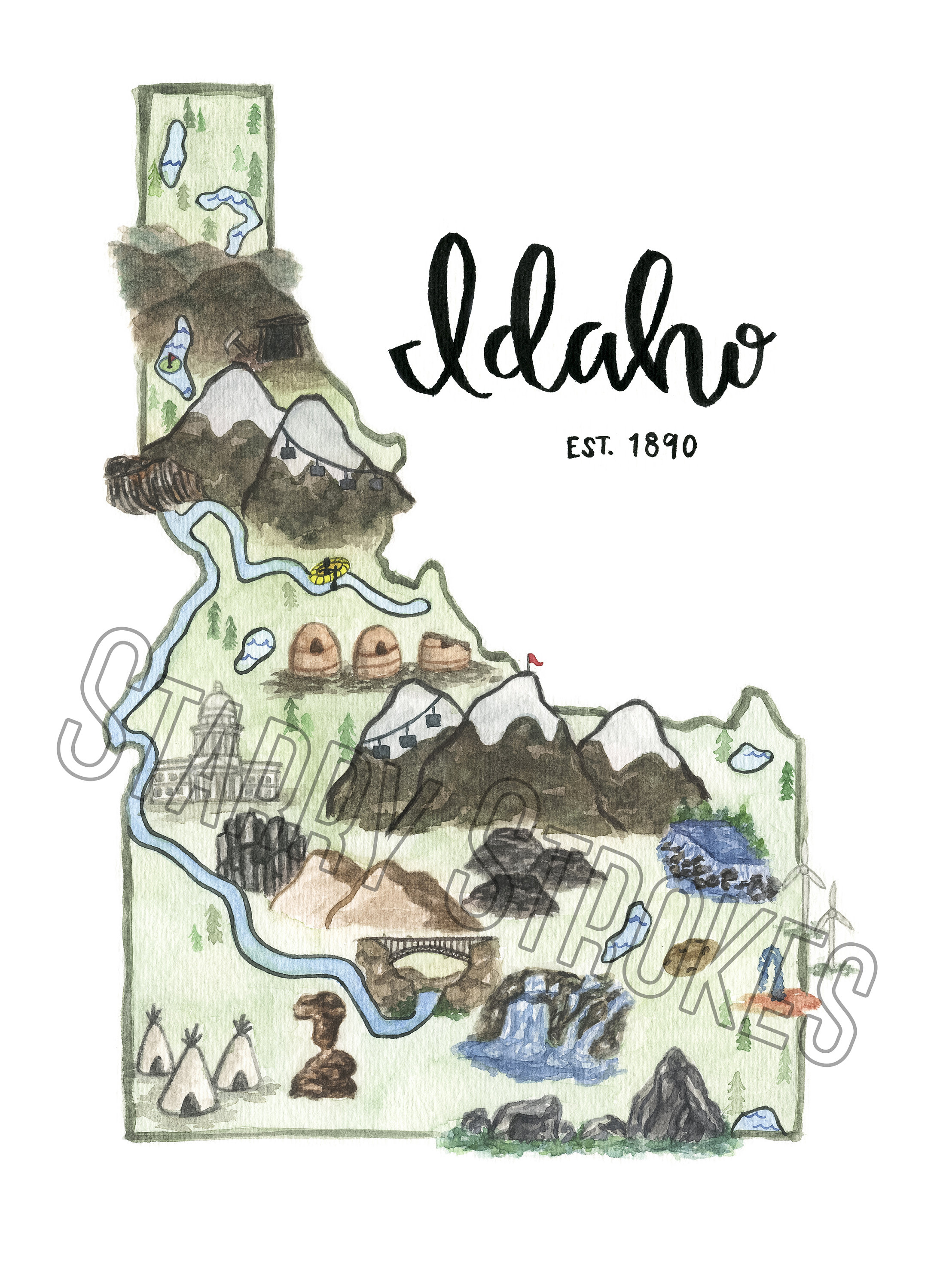 Idaho State Map Art Print Watercolor Painting - Etsy