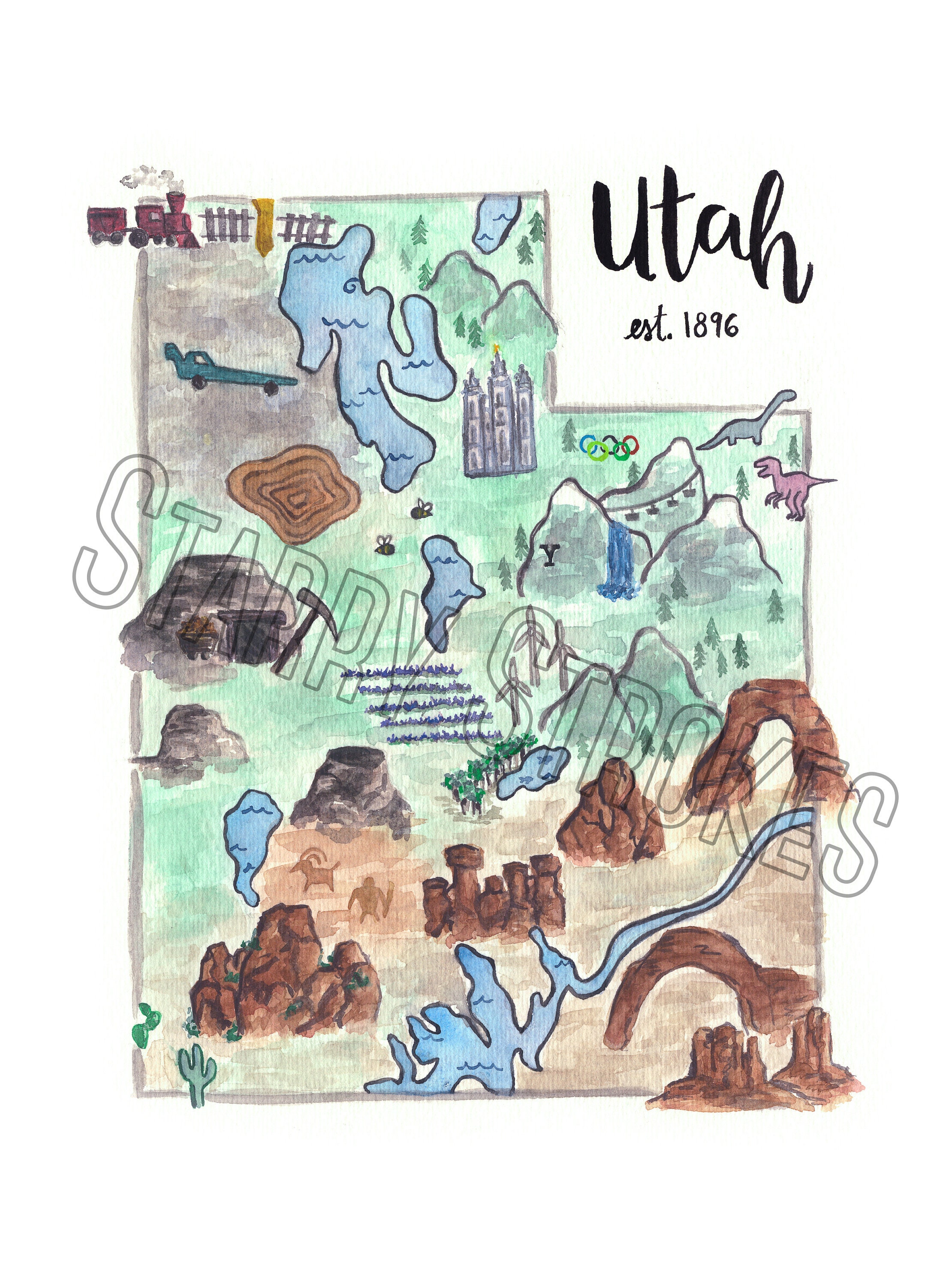 Utah State Map Art Print Watercolor Painting - Etsy