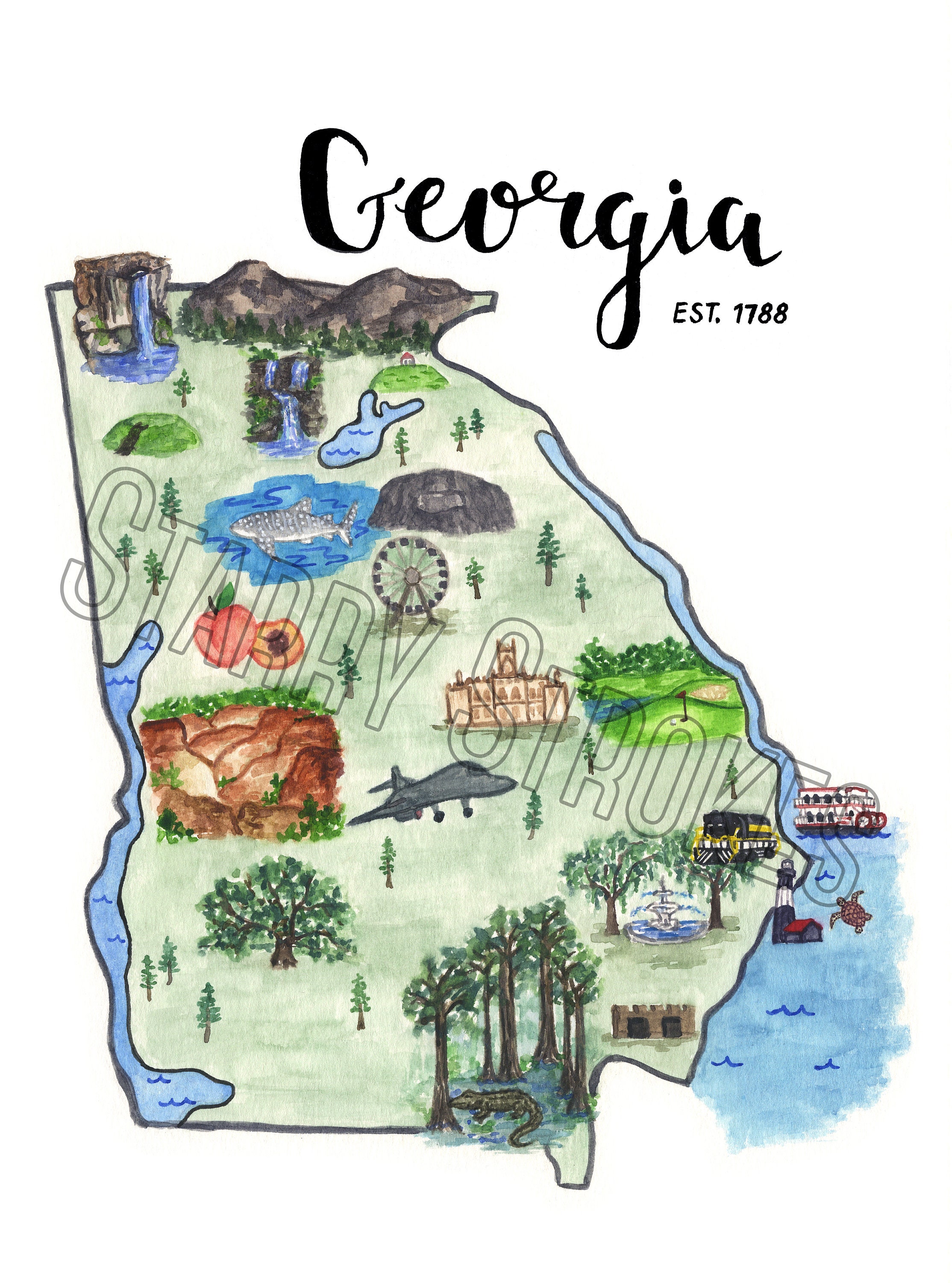 Georgia State Map Art Print Watercolor Painting - Etsy