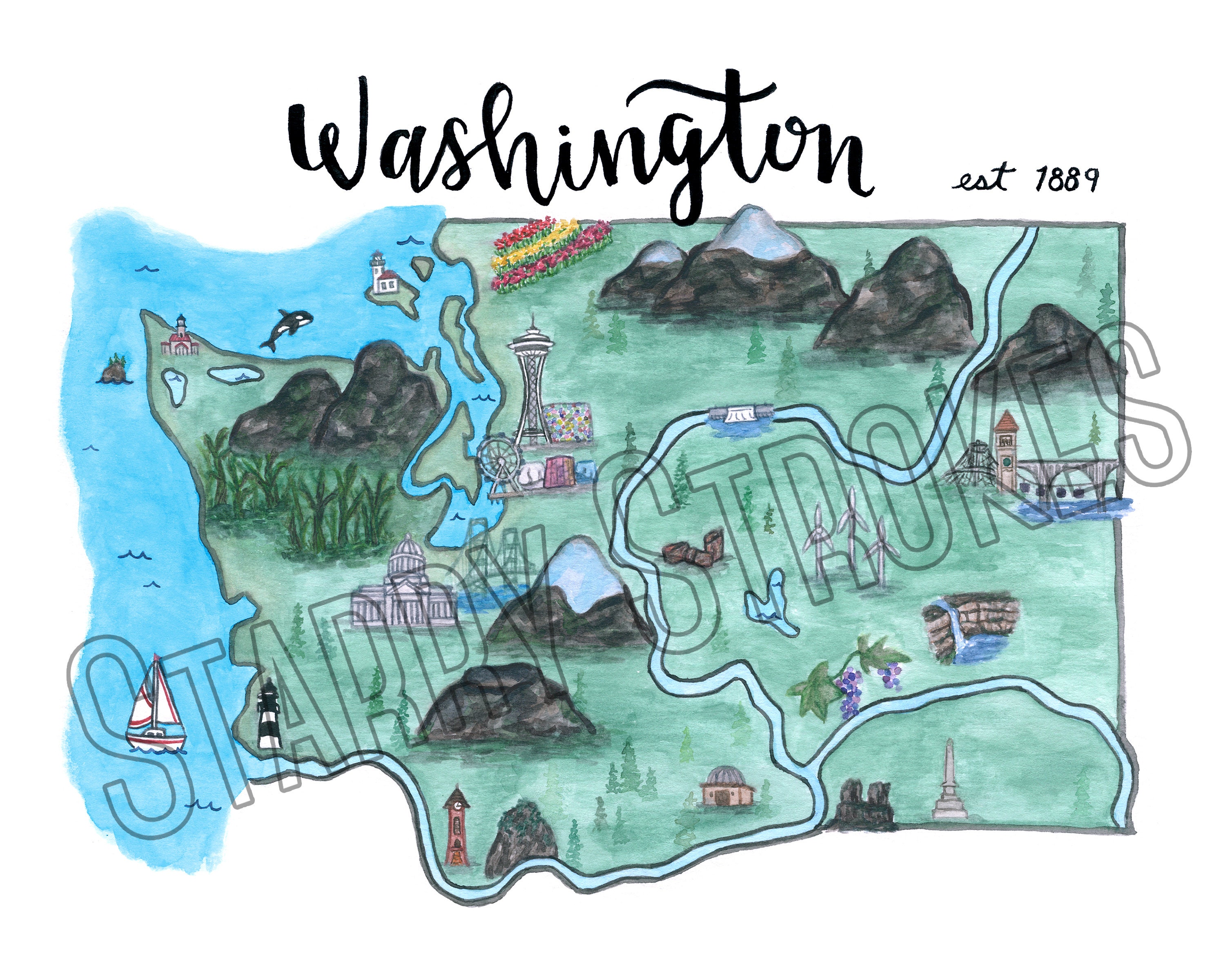 Washington State Map Art Print Watercolor Painting - Etsy