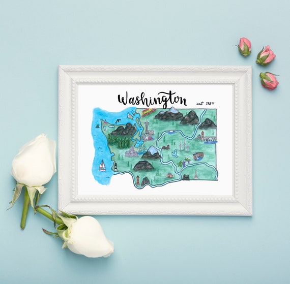 Washington State Map Art Print Watercolor Painting | Etsy