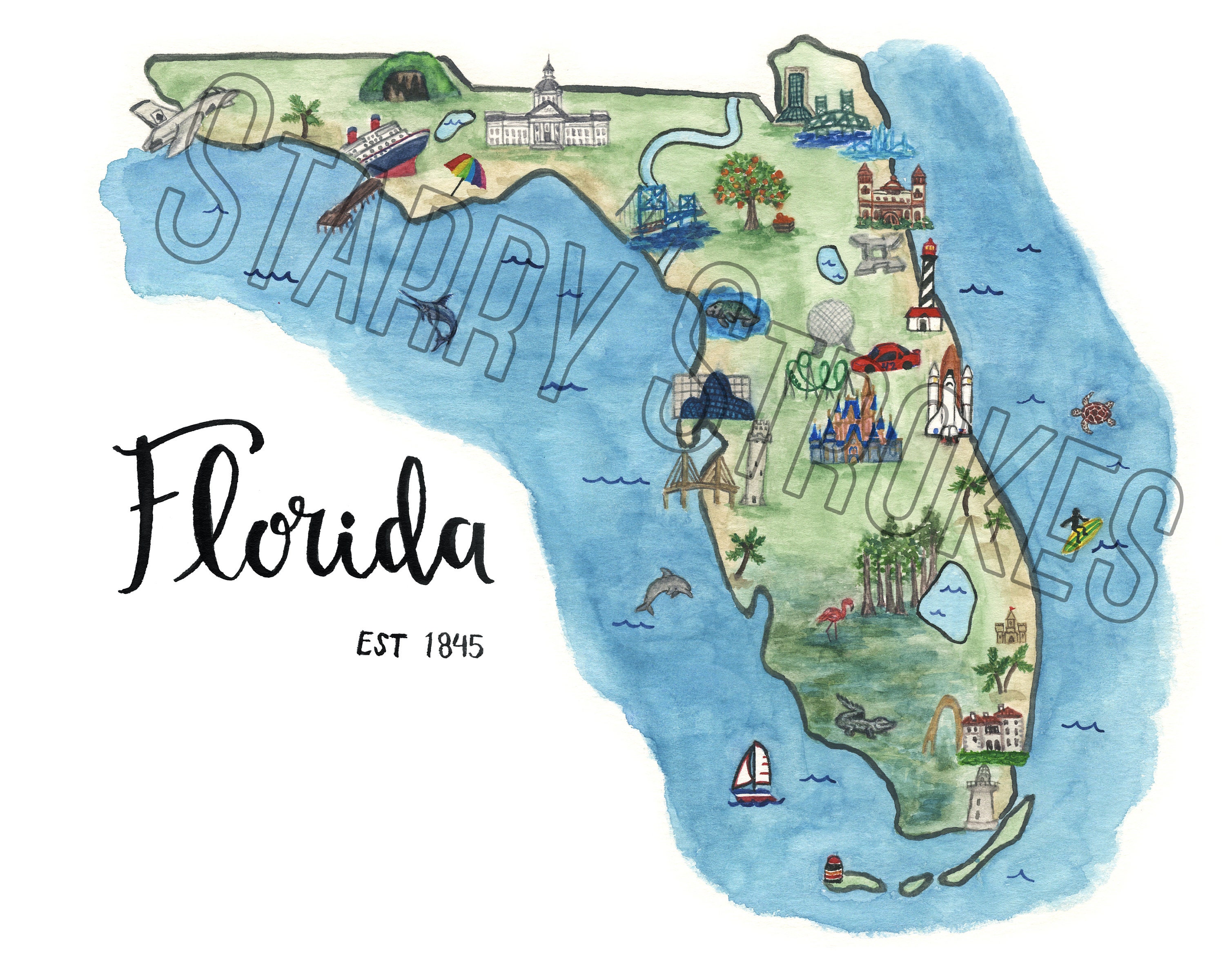 Florida State Map Art Print Watercolor Painting - Etsy