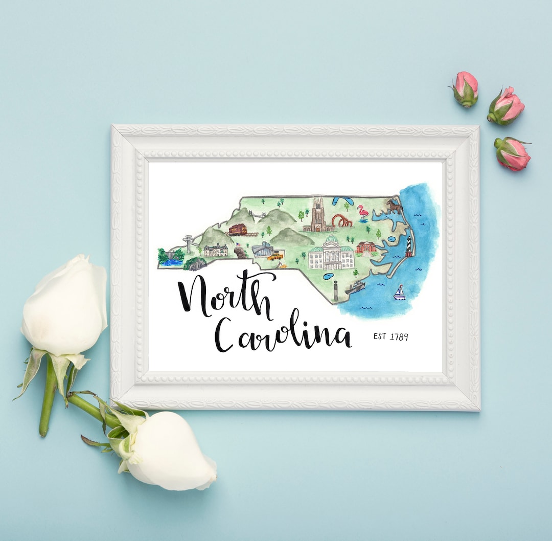 North Carolina State Map Art Print Watercolor Painting - Etsy