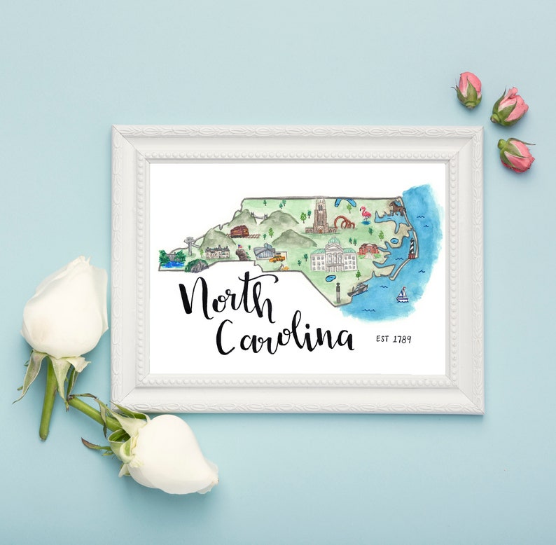 North Carolina State Map Art Print Watercolor Painting - Etsy