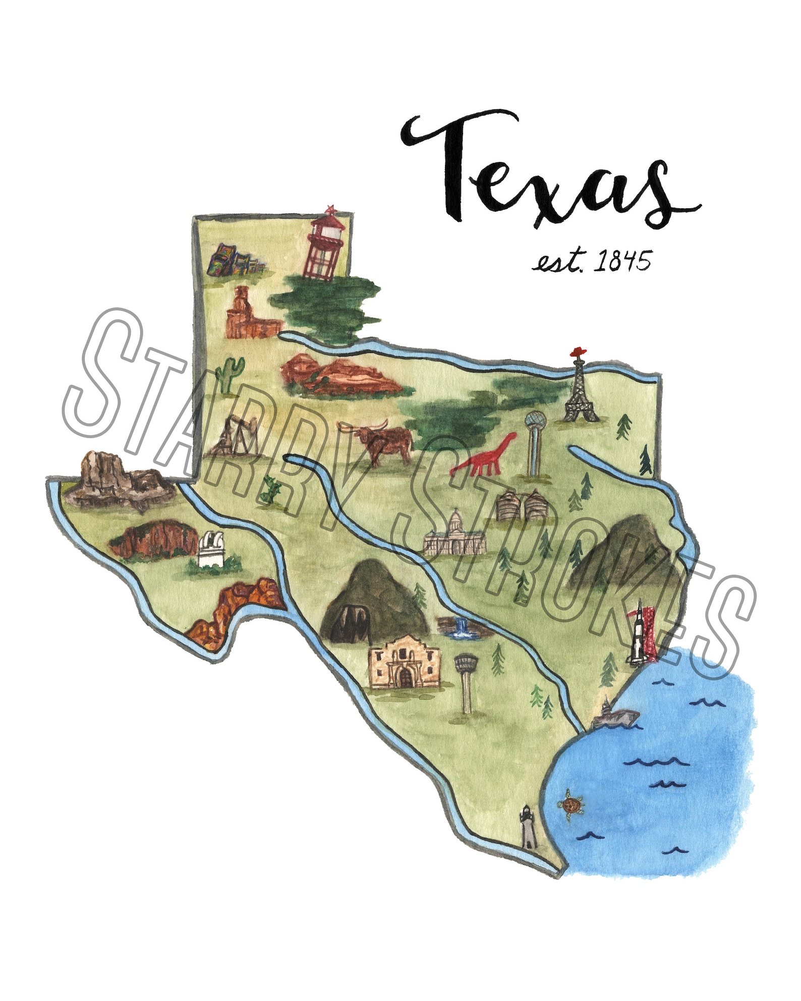 Texas State Map Art Print Watercolor Painting - Etsy