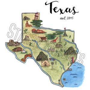 Texas State Map Art Print Watercolor Painting - Etsy