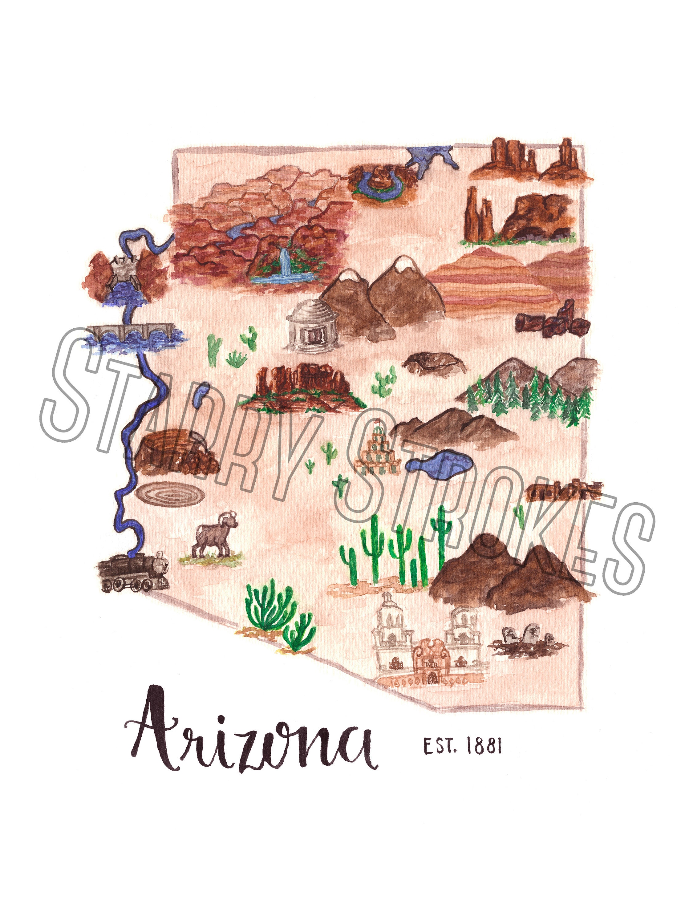 Arizona State Map Art Print Watercolor Painting - Etsy