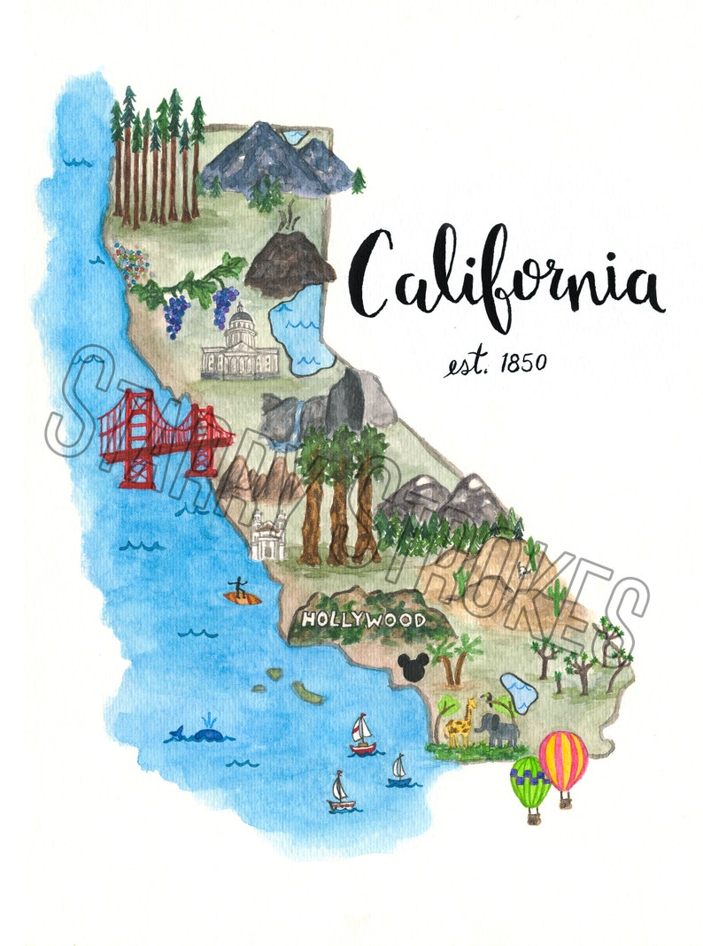 California State Map Art Print Watercolor Painting - Etsy