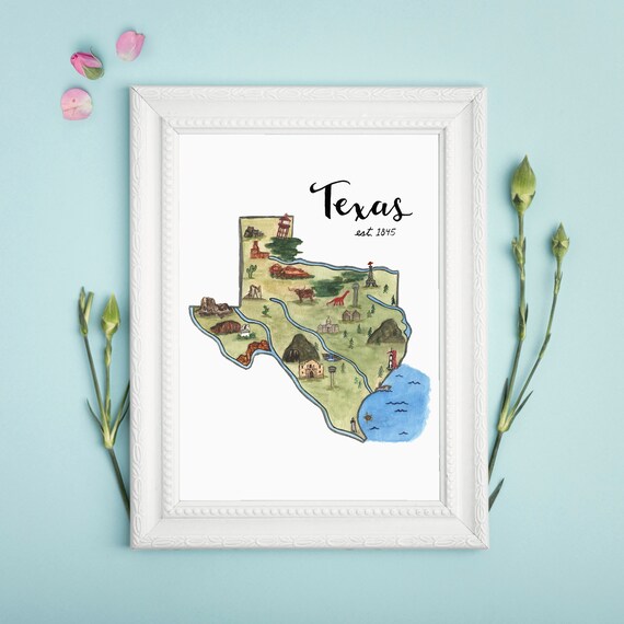 Texas State Map Art Print Watercolor Painting | Etsy