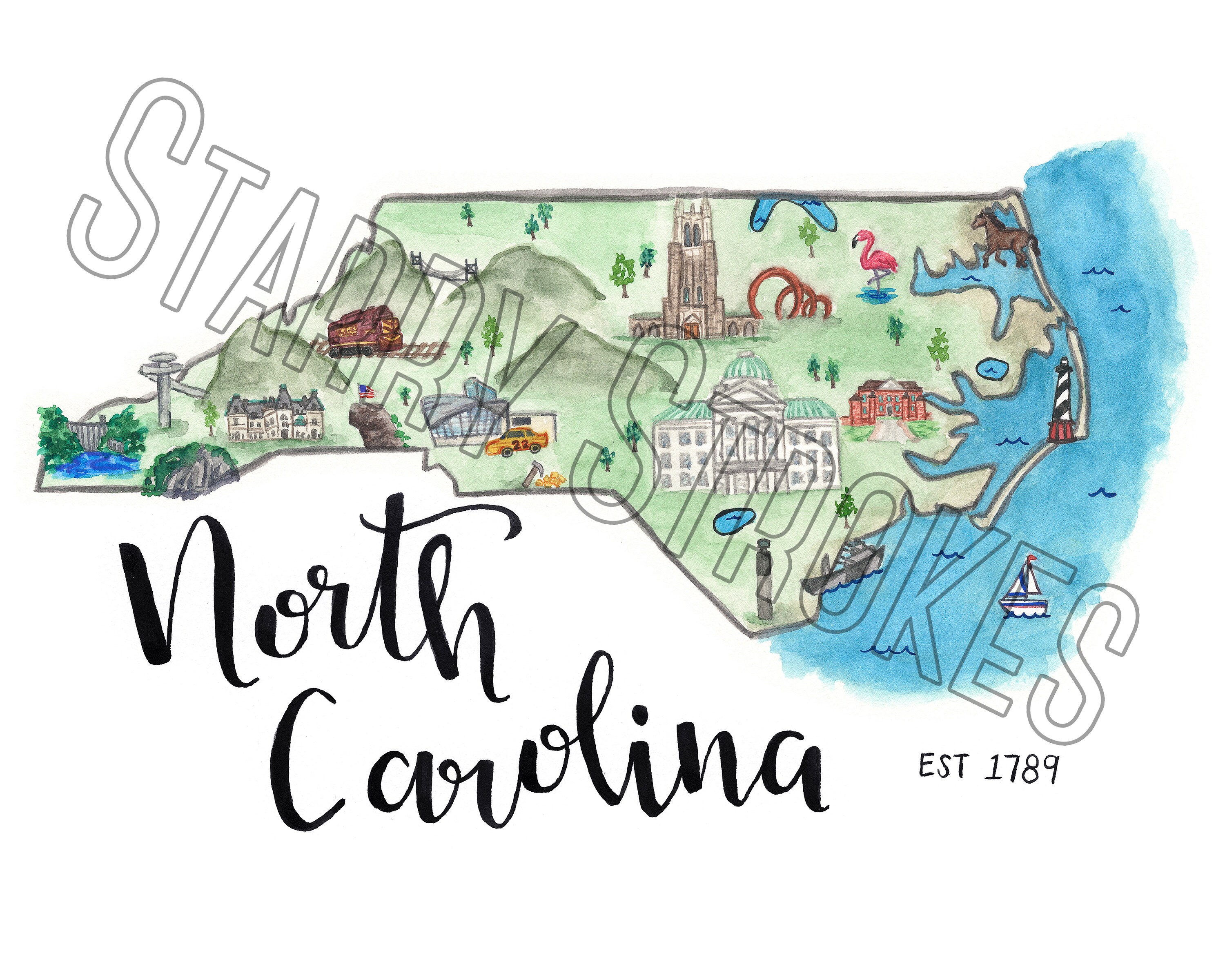 North Carolina State Map Art Print Watercolor Painting - Etsy
