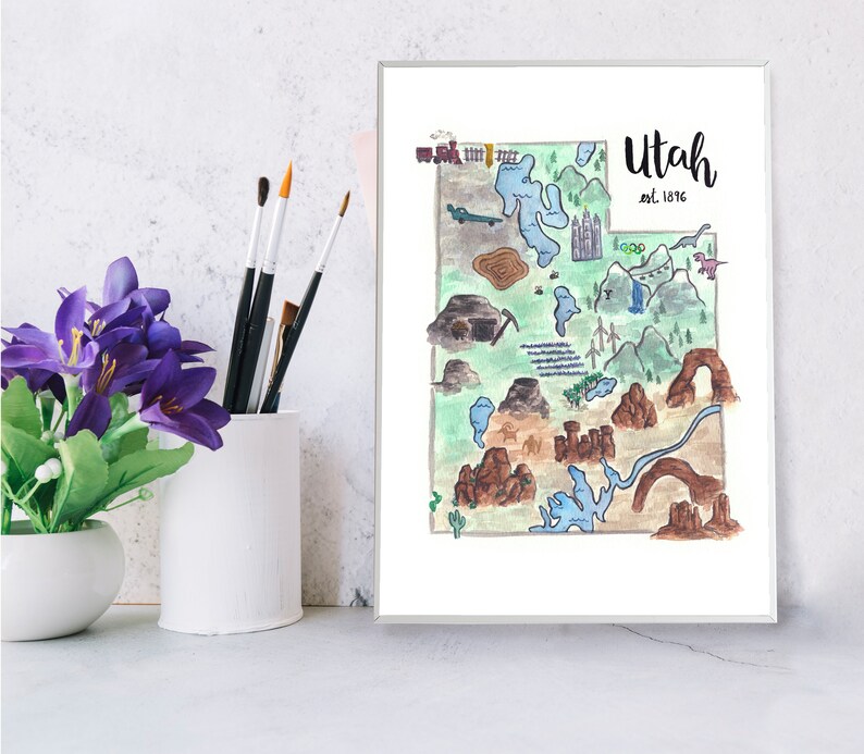 Utah State Map Art Print Watercolor Painting - Etsy