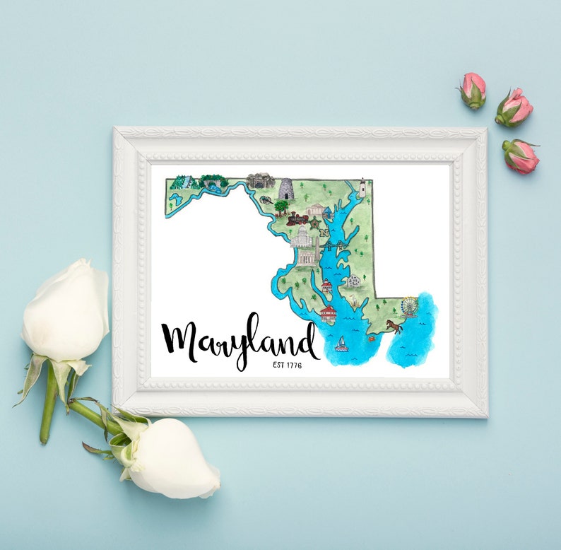 Maryland State Map Art Print Watercolor Painting - Etsy
