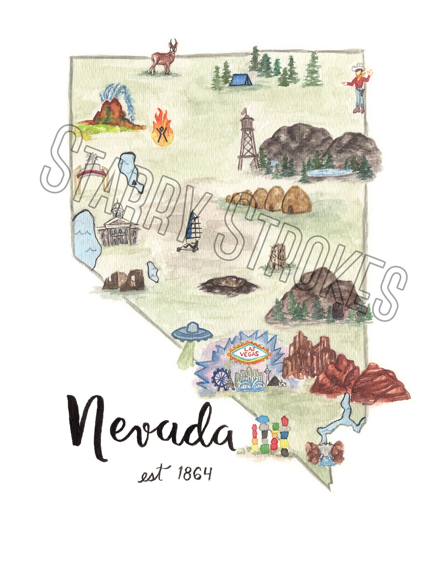 Nevada State Map Art Print Watercolor Painting - Etsy