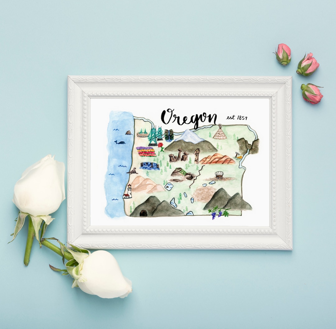 Oregon State Map Art Print Watercolor Painting - Etsy
