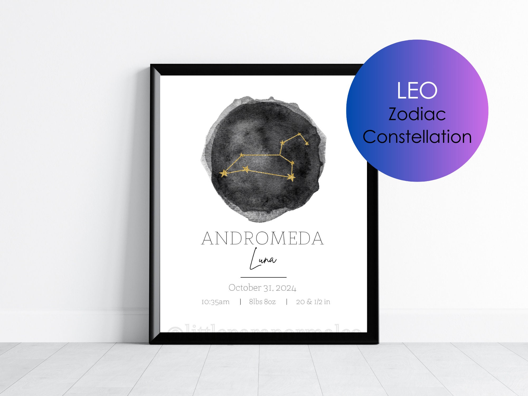 Editable Leo Constellation Birth Stats Print: Watercolor Zodiac ...