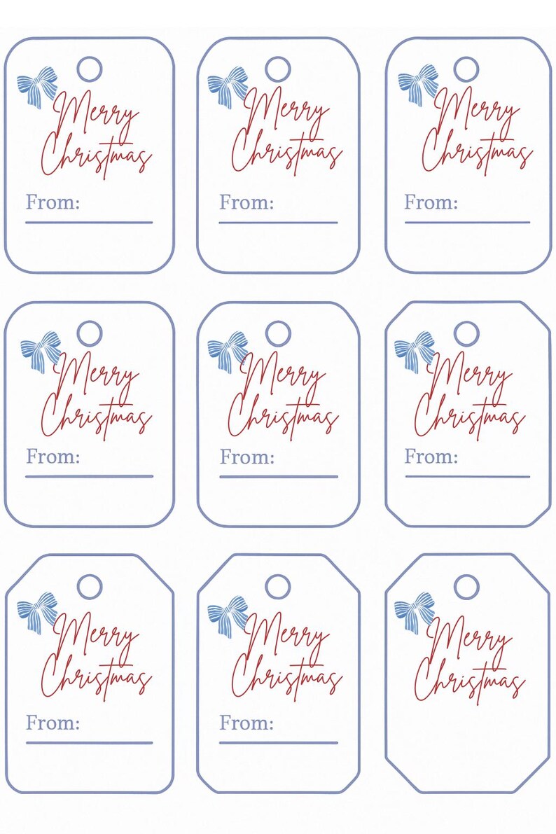 Merry Christmas Gift Tag Template, Blue Bow and Red Writing, Holiday ...