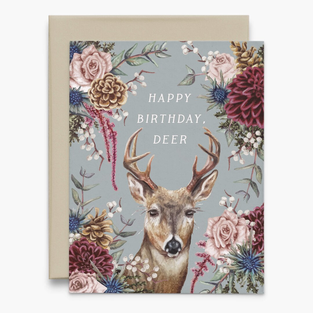 Wintry Florals Happy Birthday Deer | Greeting Card - Etsy