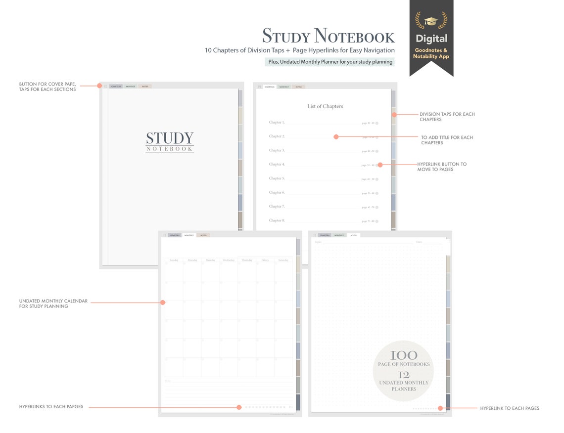 Study Notebook | Digital Notebook | UNDATED Planner | 2022 Planner ...