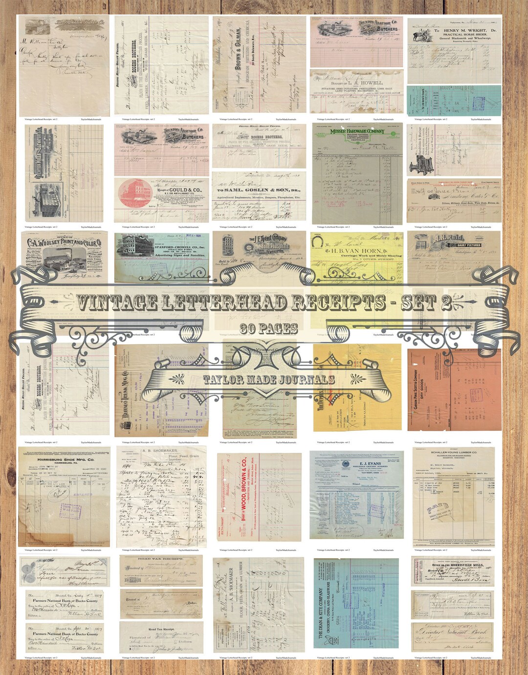 Vintage Letterhead Receipts Set 2, Junk Journal Digital Kit- 30 Pages ...