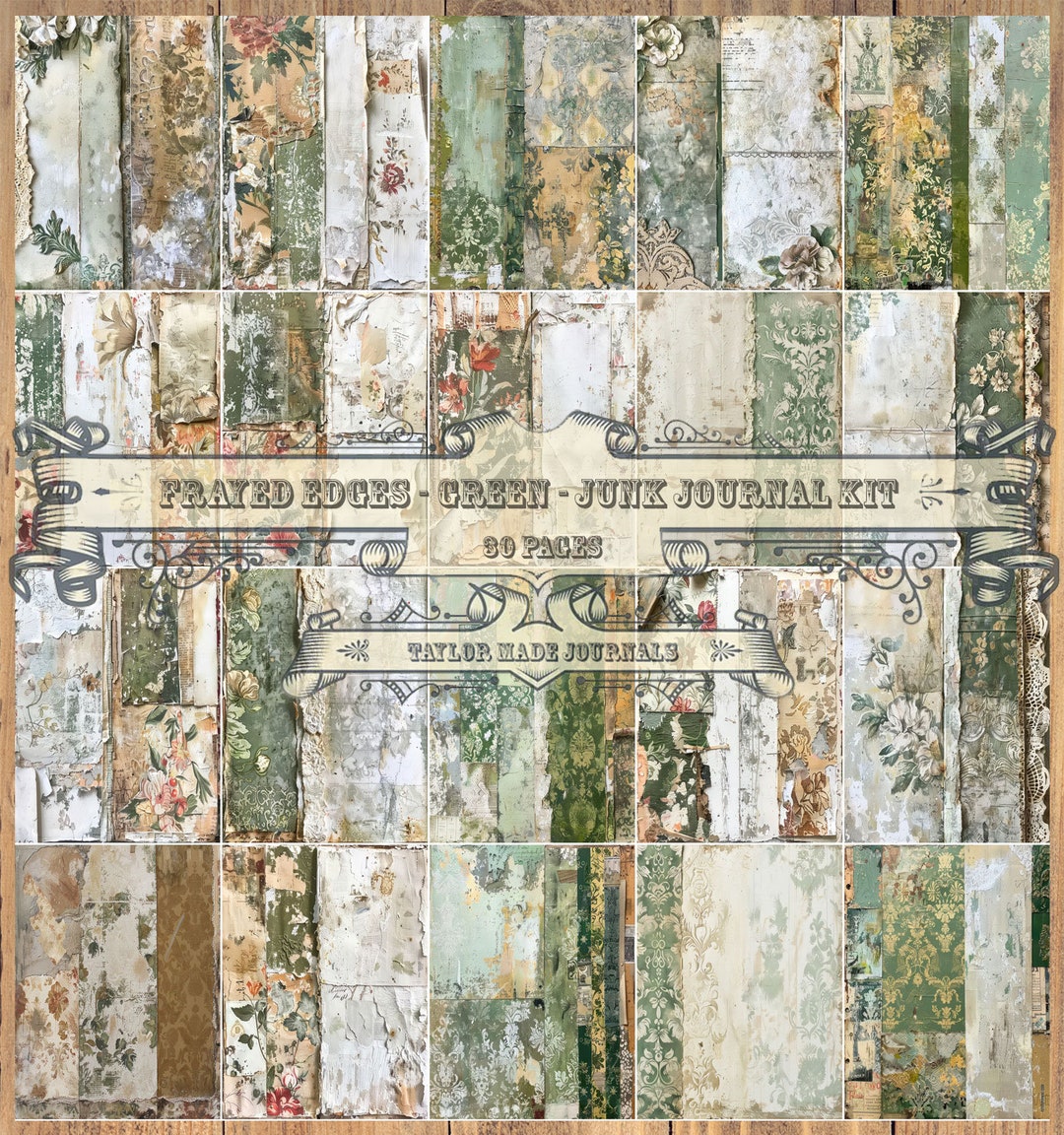 Frayed Edges - Green, Shabby Chic Wallpaper -30 Page, Grungy Digital ...