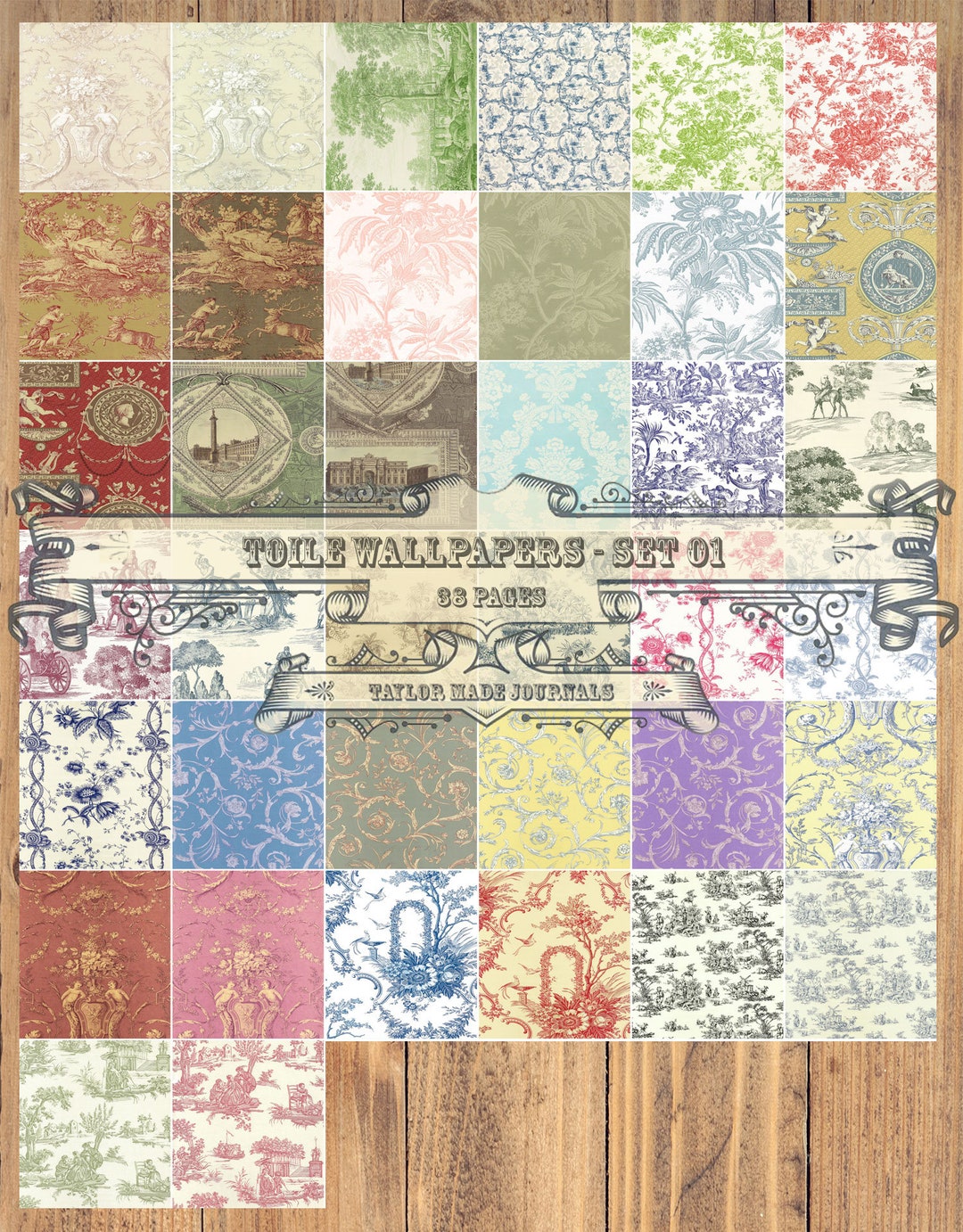 French Toile Wallpaper,set 1-38 Page,8.5x11,junk Journal Kit,wallpaper ...
