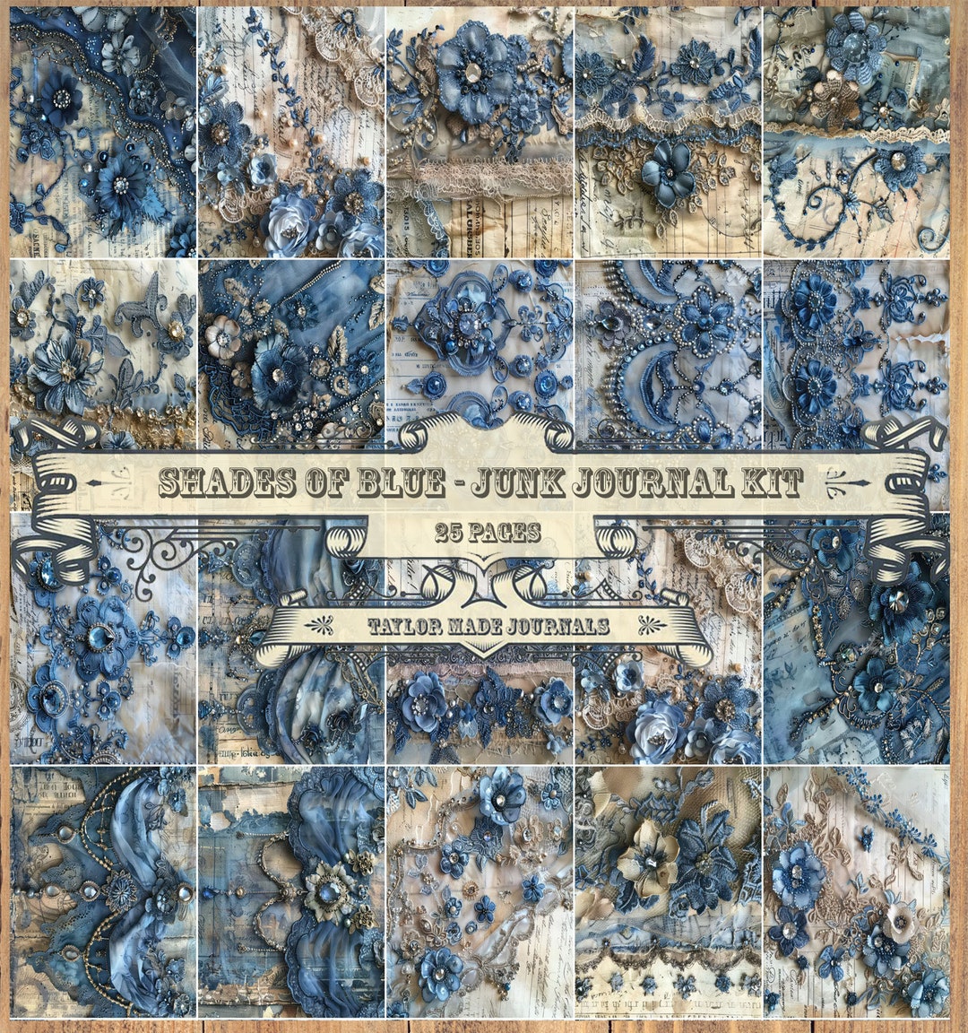 Shades of Blue, 25 Full Size Pages, Lace Digital, Junk Journal Kit ...
