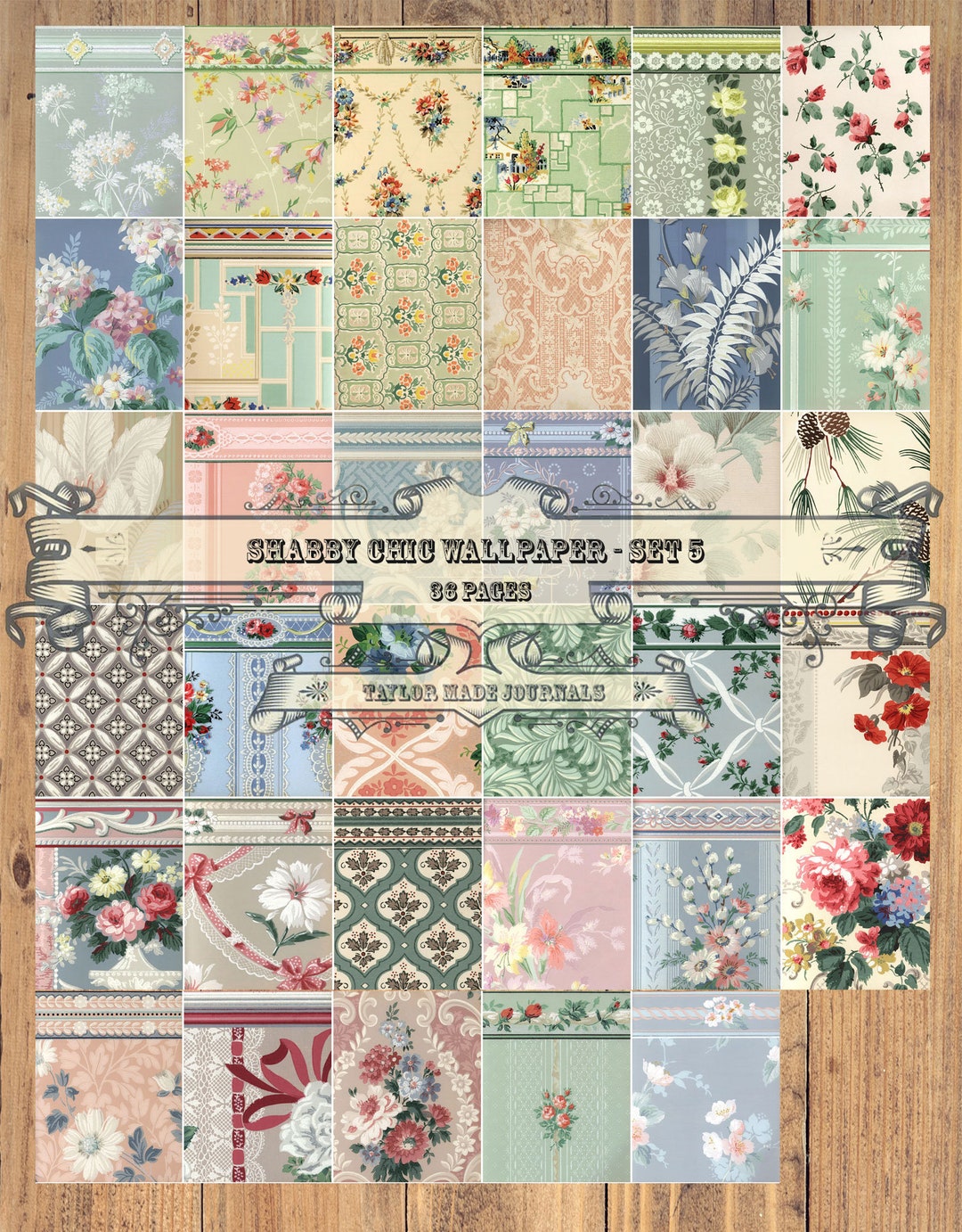 Shabby Chic Wallpaper, SET 5 -36 Page, Digital, Junk Journal Kit ...