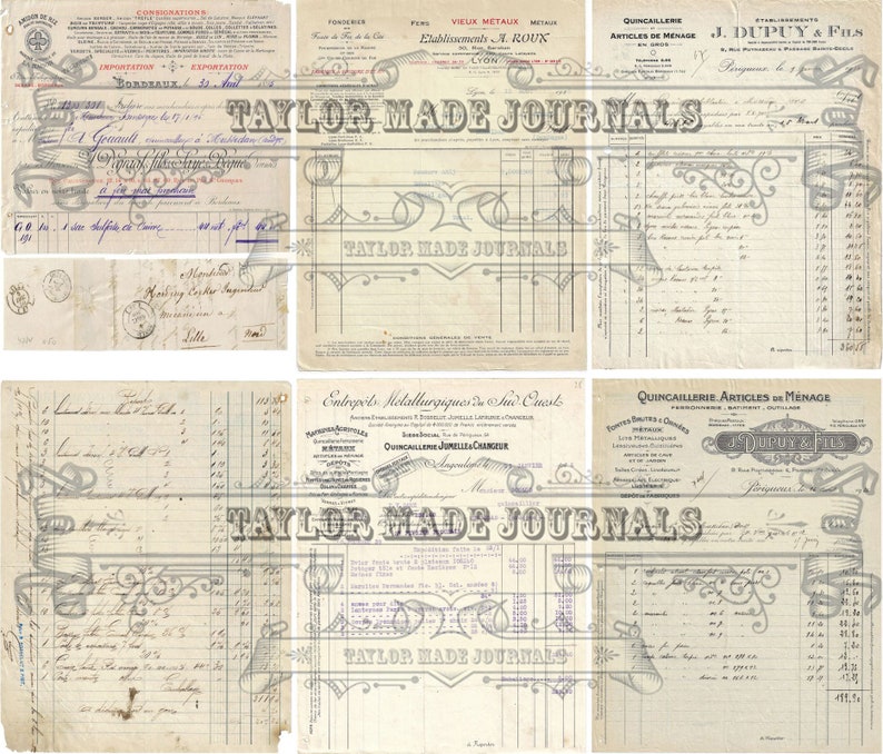 French Receipts, Junk Journal Kit, Set 4 -28 Page, French Printable ...