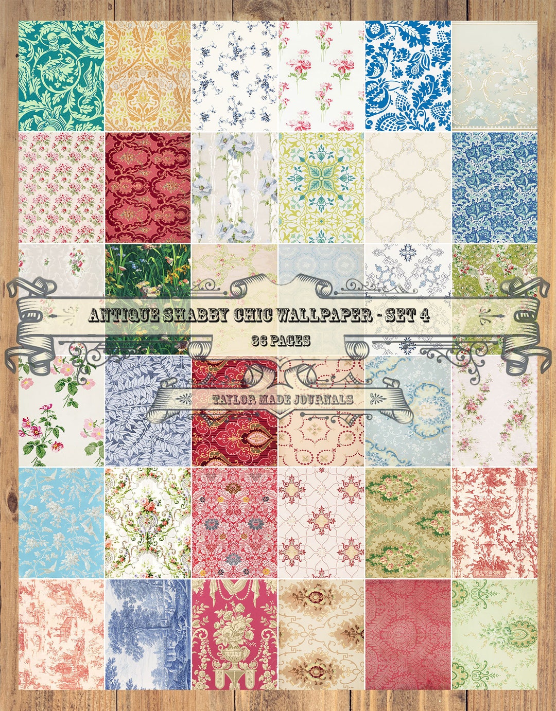 Shabby Chic Wallpaper, SET 4-36 Pages, Digital, Junk Journal Kit ...
