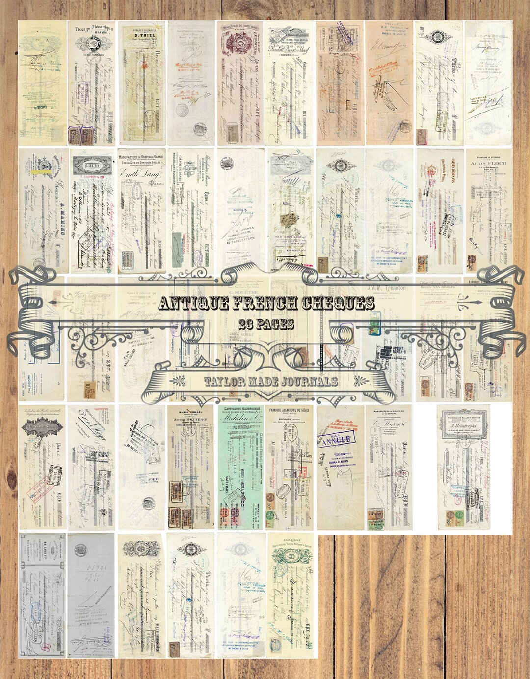 French Cheques, Junk Journal Kit -23 Pages, 2 Cheques per Page, French ...