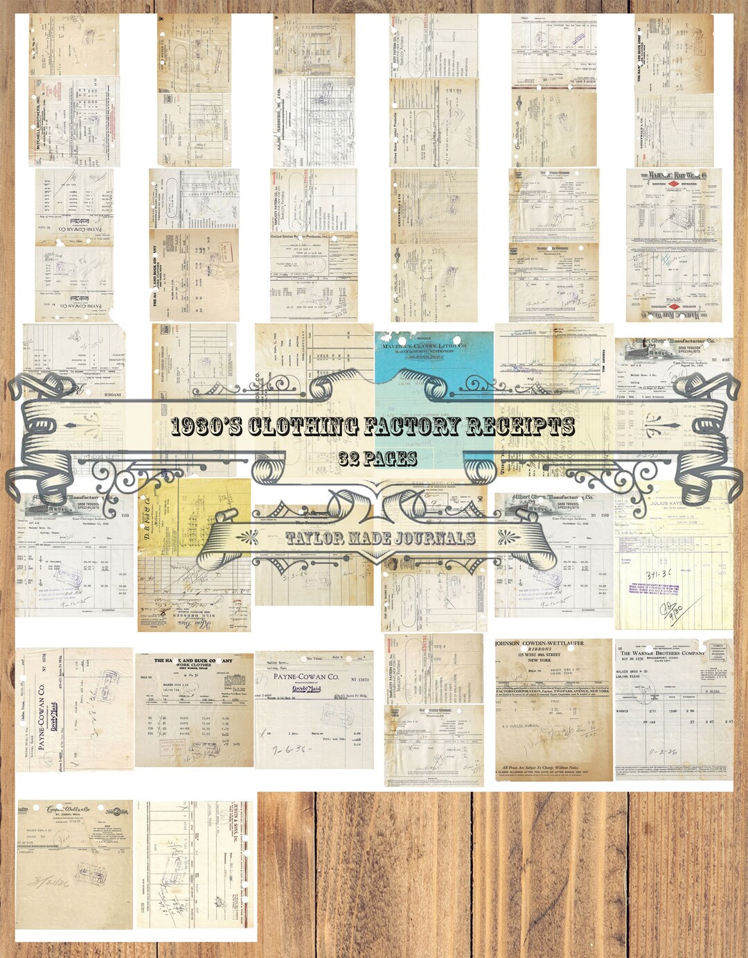 1930's Clothing Factory Receipts - 32 Pages, Junk Journal Kit, Digital ...
