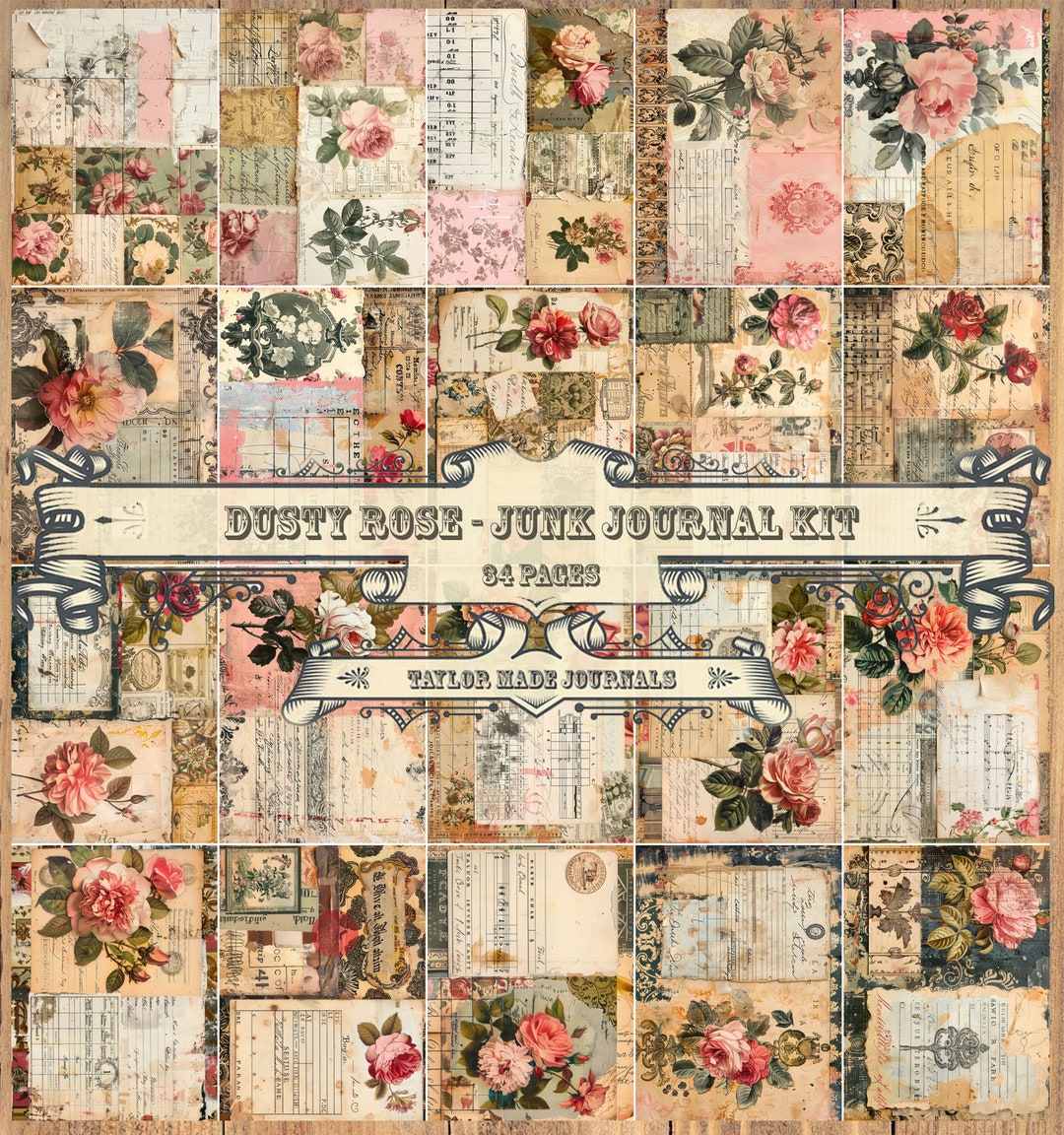 Dusty Rose, Junk Journal Kit - 34 Page, Digital Kit, Botanical Junk ...
