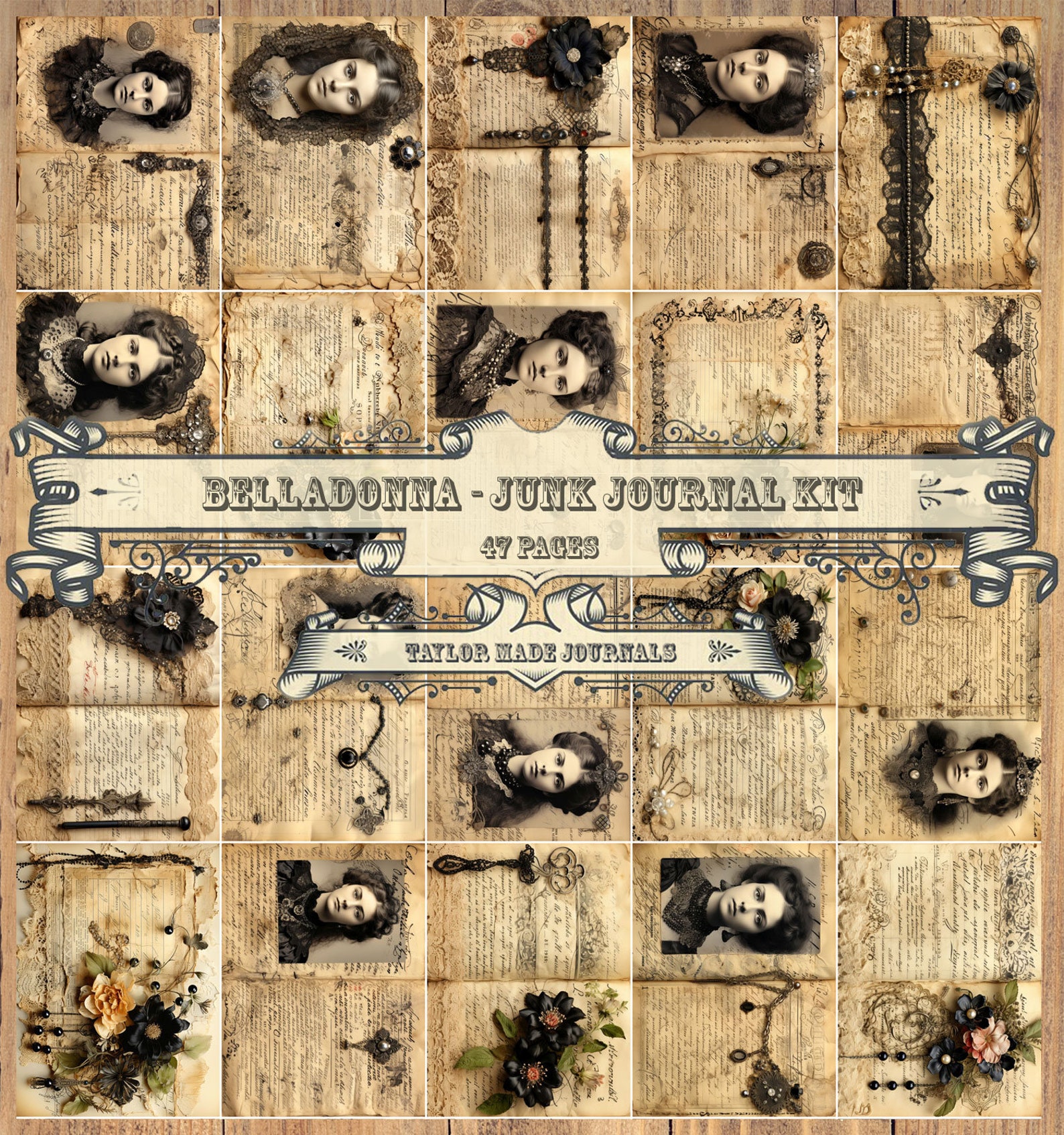 Belladonna, 47 Full Size Pages, Lace Digital, Junk Journal Kit, Black ...