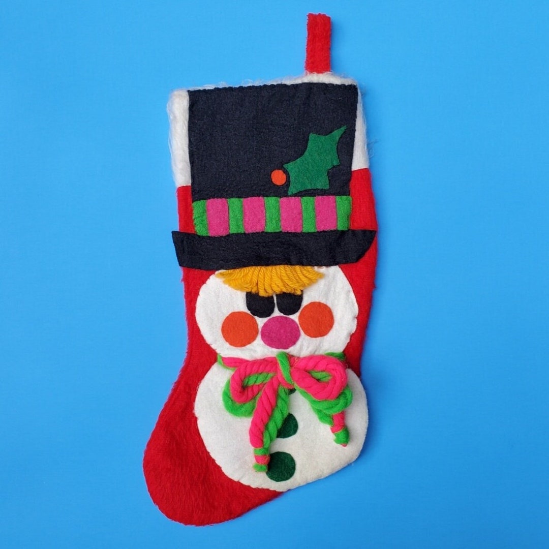 Vintage 1970s Christmas Stocking Handmade Kitsch Snowman Felt Yarn 14 ...