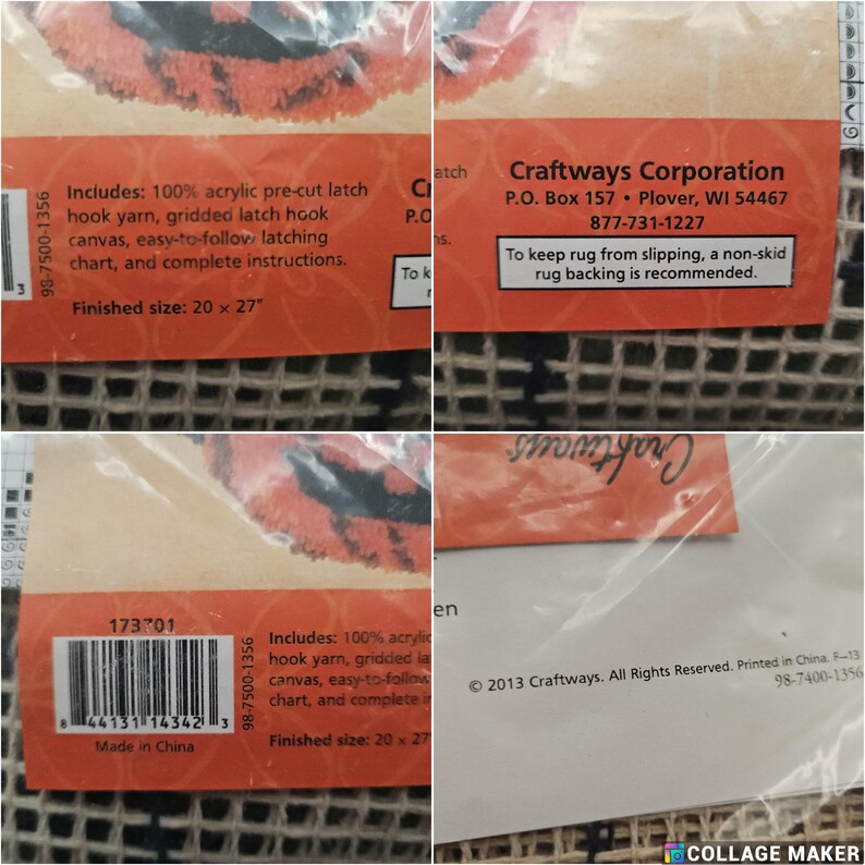 Craftways Halloween Latch Hook Kit Pumpkin Witch Hat Spooky Style 20" X ...