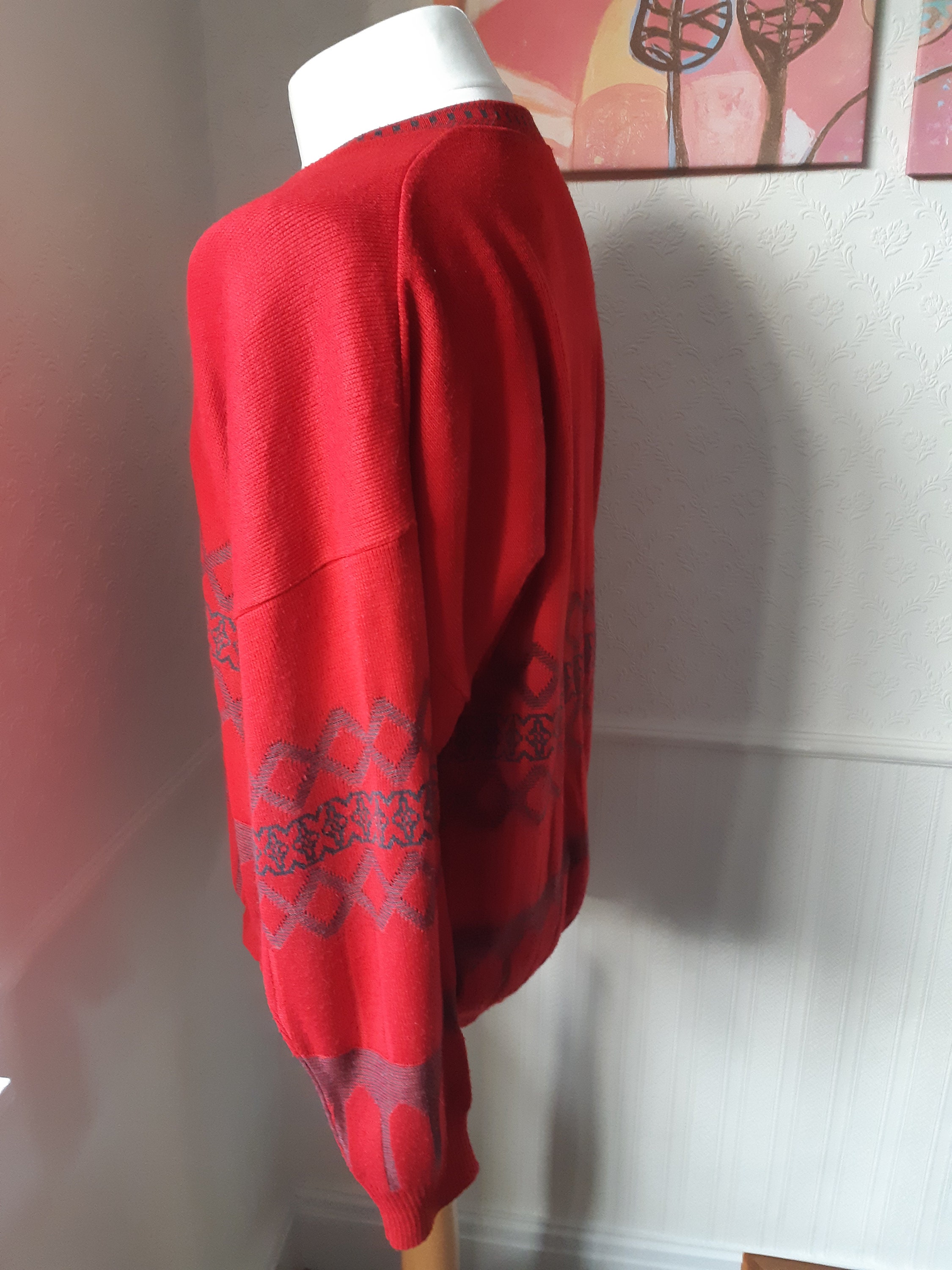 Vintage 1980s Eighties Mens Hadley Red V-neck Patterned Jumper - Etsy