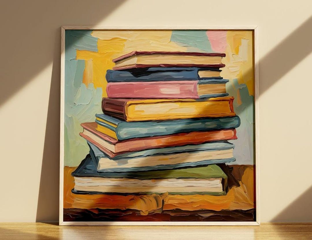 Book Lover Print, Stack of Books Painting, Bookworm Printable Art ...