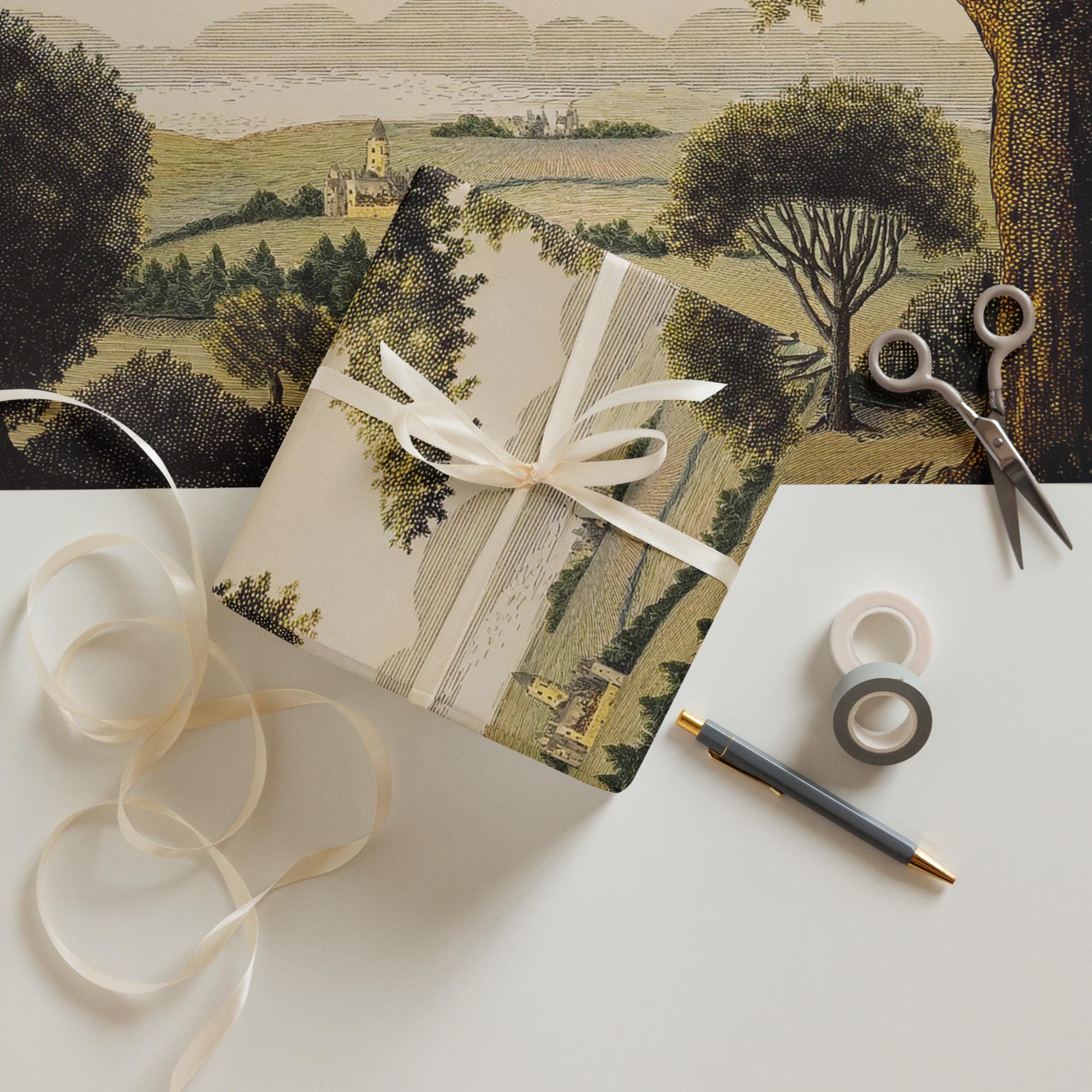 Vintage Toile Christmas Wrapping Paper: French Countryside Scenes (set ...