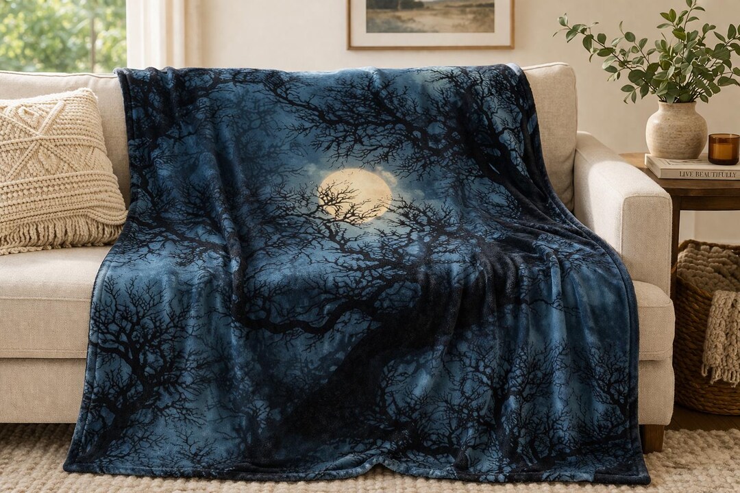 Moody Moon Forest Blanket, Gothic Night Sky Throw, Dark Aesthetic Minky ...