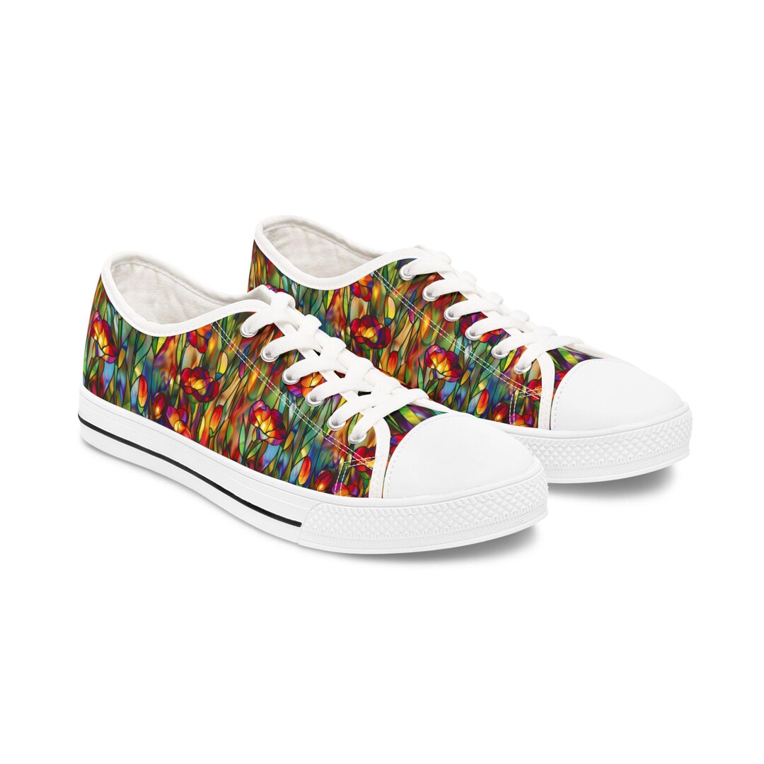 Floral Stained Glass Effect Women's Sneakers, Vivid Colors, Stained ...