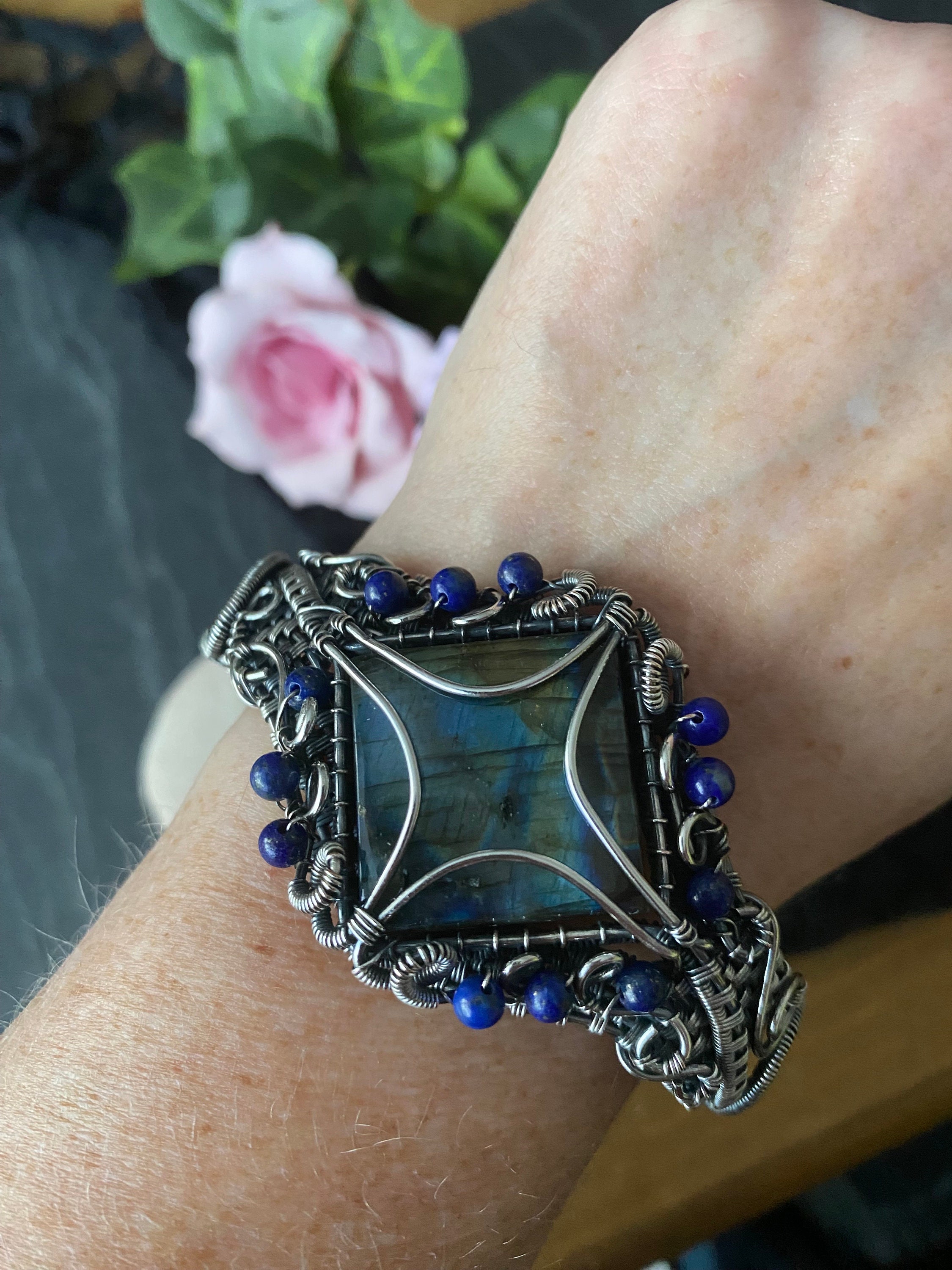 Wire Woven Labradorite Cuff Bracelet With Silver Filled Wire and Lapis ...