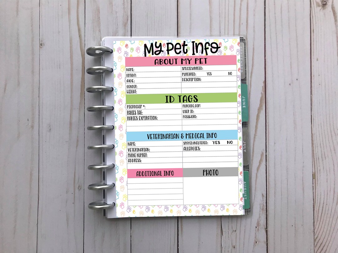Happy Planner Printable - Pet Information (rainbow Paws) - Etsy