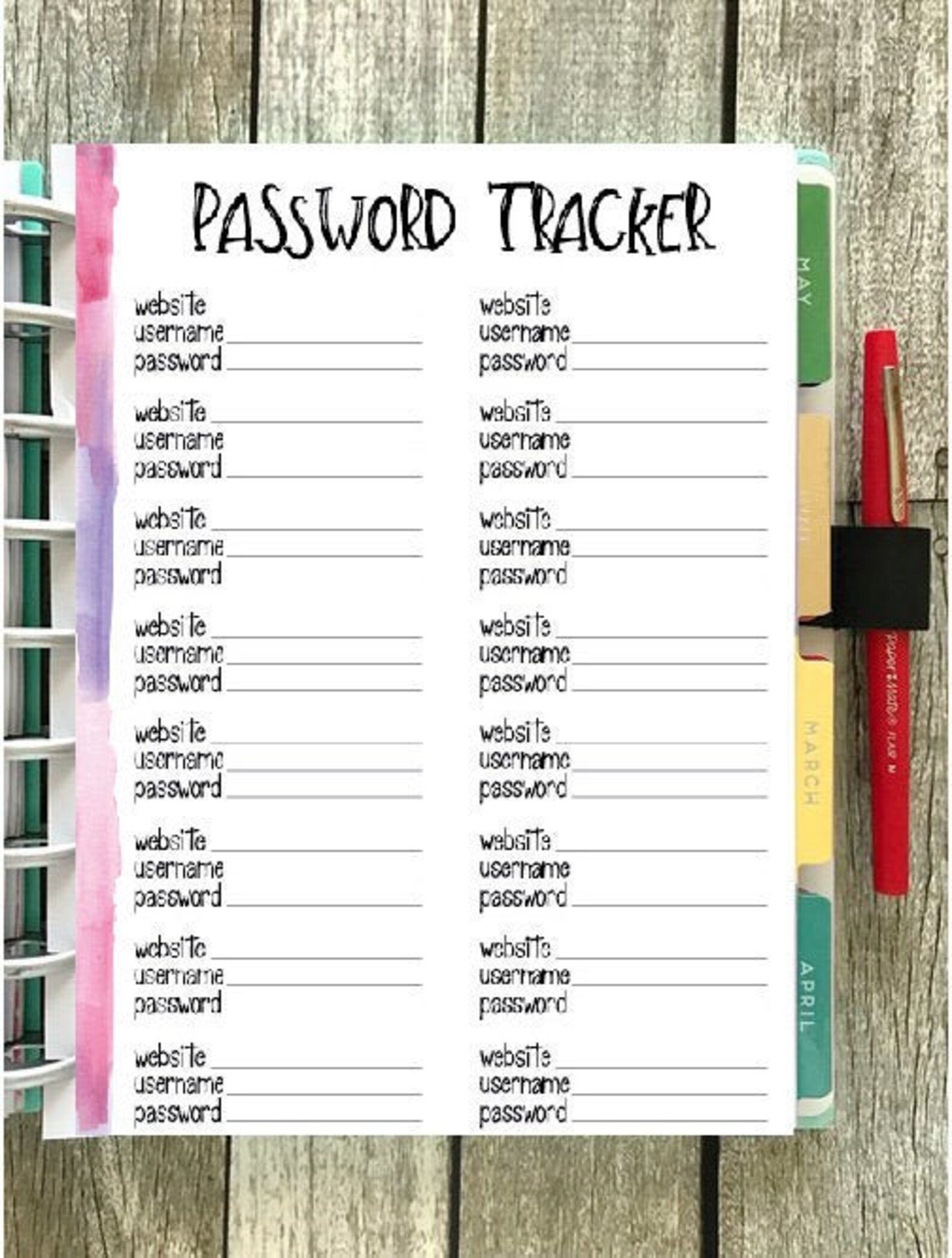 Happy Planner Printable Bullet Journal Password Tracker | Etsy