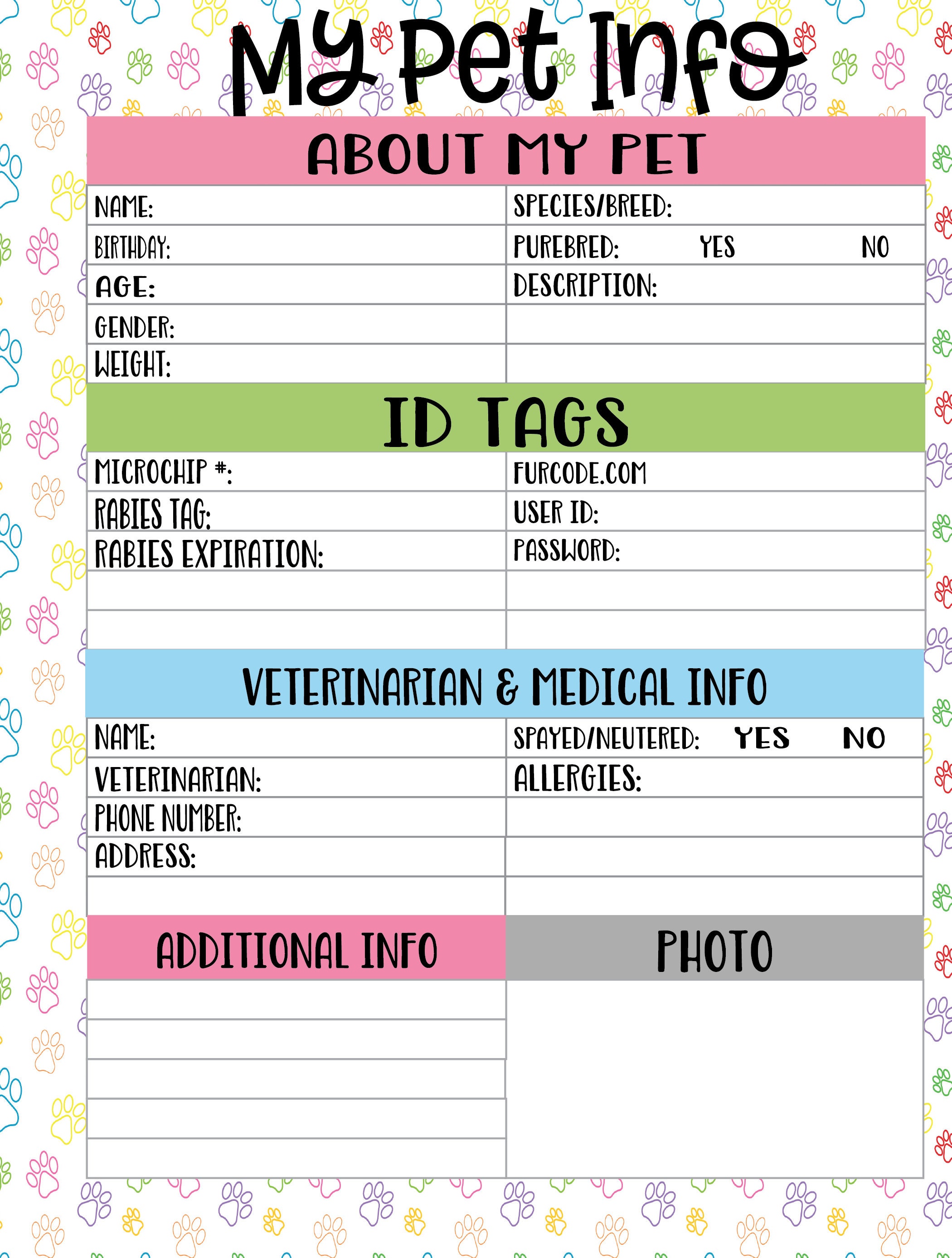 Happy Planner Printable Pet Information rainbow Paws - Etsy