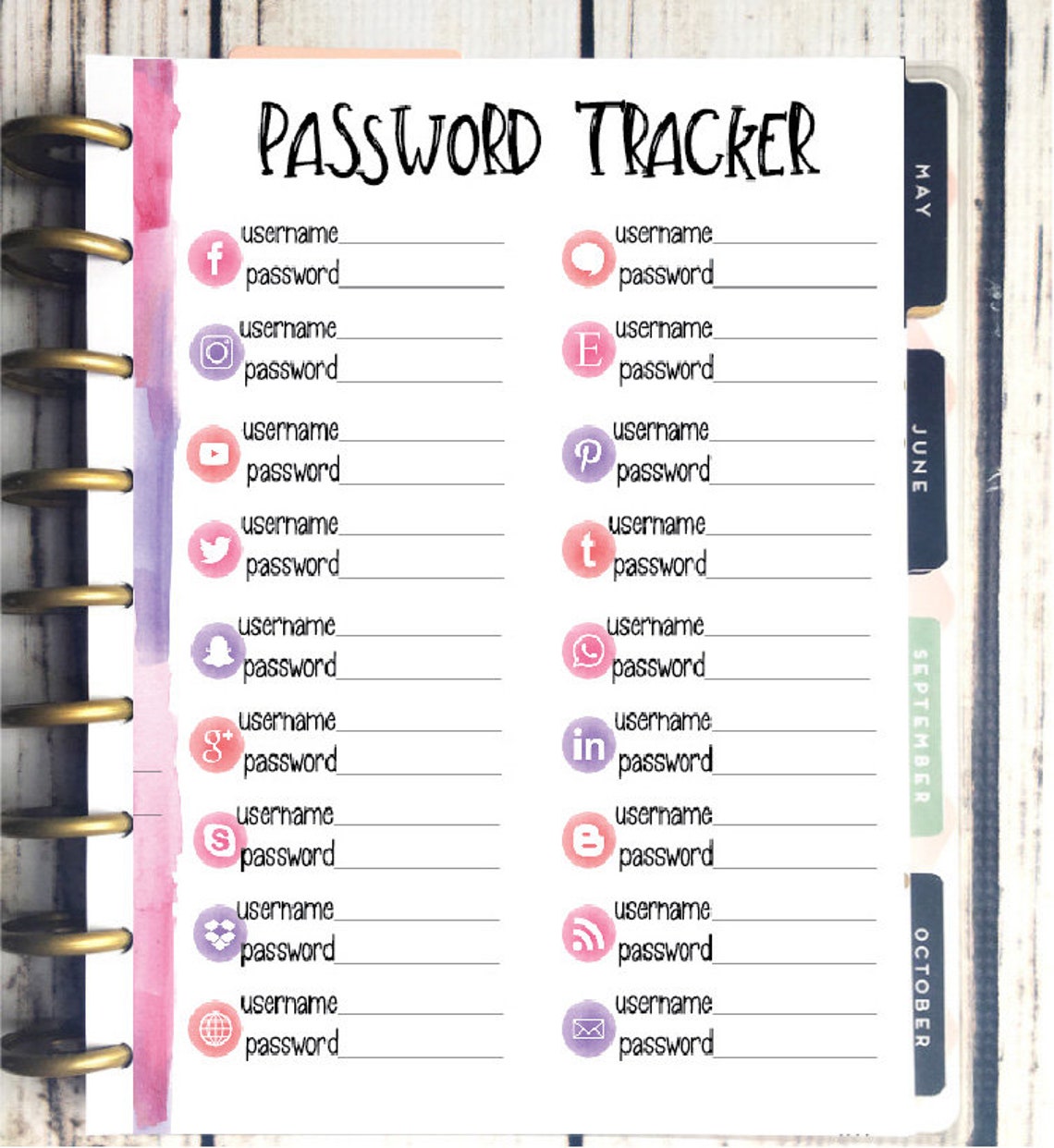 Happy Planner Printable Bullet Journal Password Tracker | Etsy